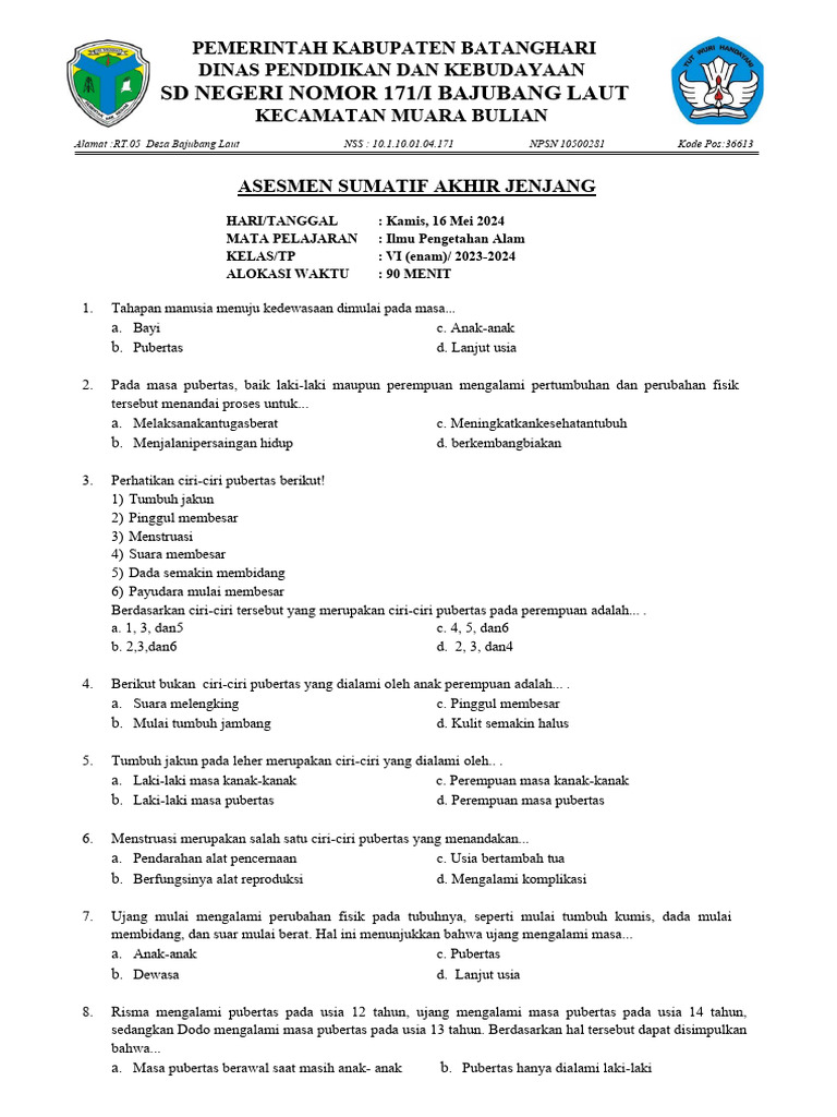Soal IPA Kelas VI: Pubertas dan Tata Surya | PDF