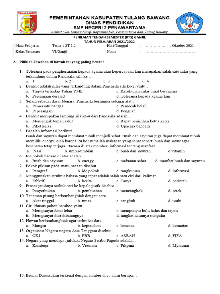 Soal Pts Tema 1. ST 1.2 | PDF | Griya & Taman | Sains & Matematika