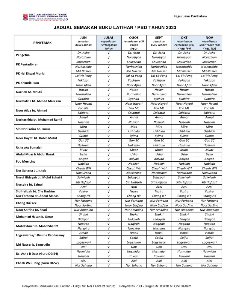 Jadual Semakan Buku Latihan - PBD | PDF