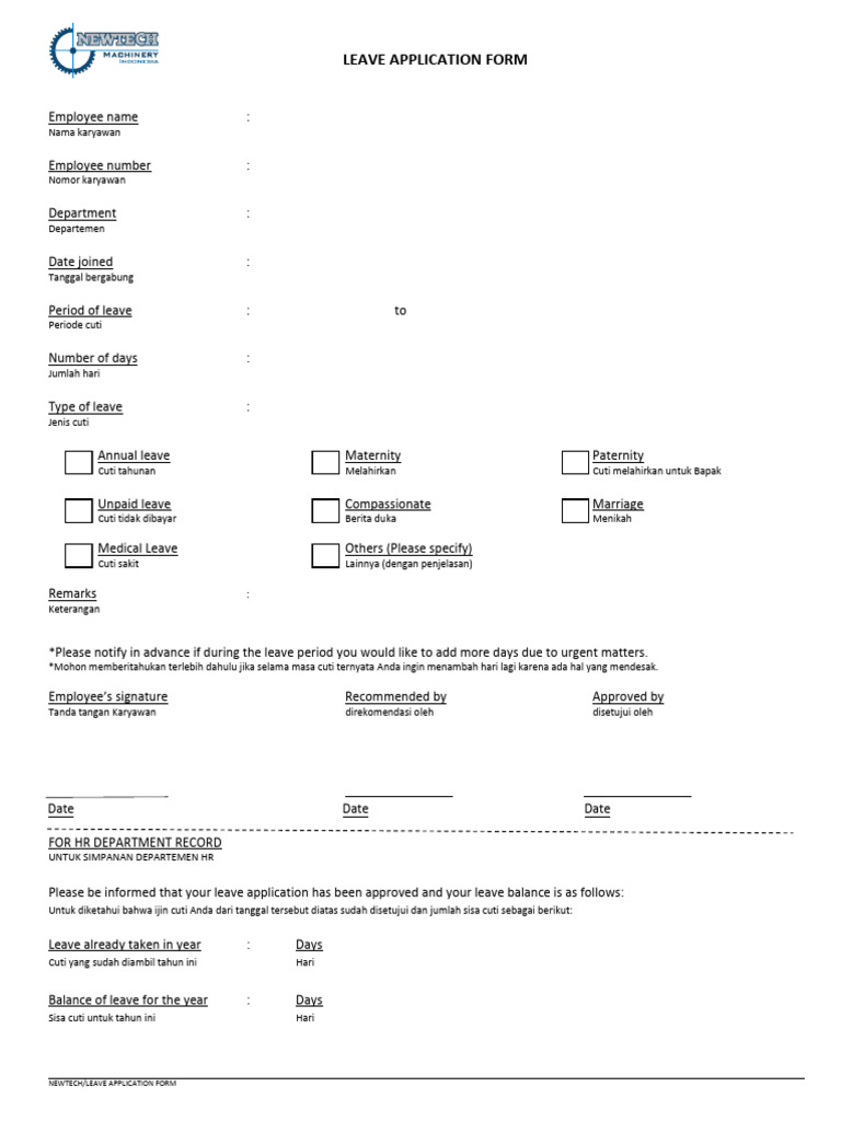 Leave Application Form PT NTI - Copy | PDF