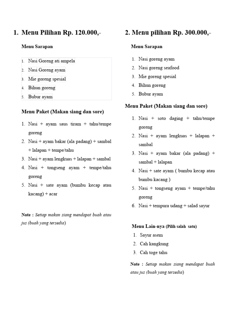 Menu Pilihan Pasien Asuransi | PDF