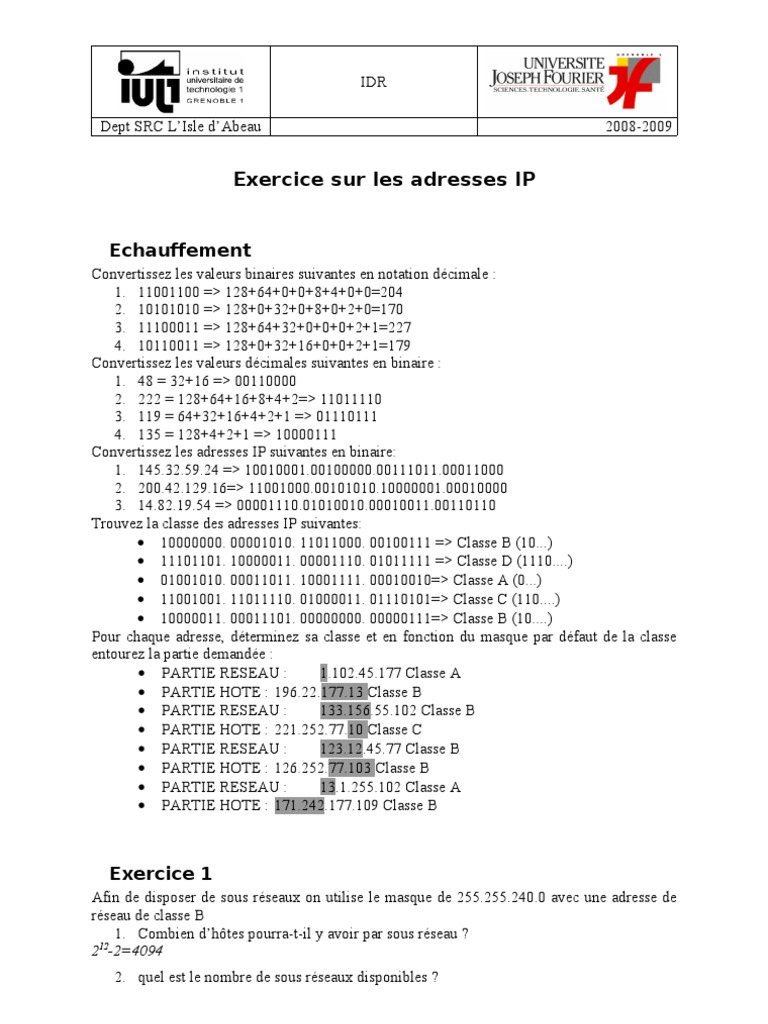 Exercice Adressage IP Corrige | PDF | Routage | Adresse IP
