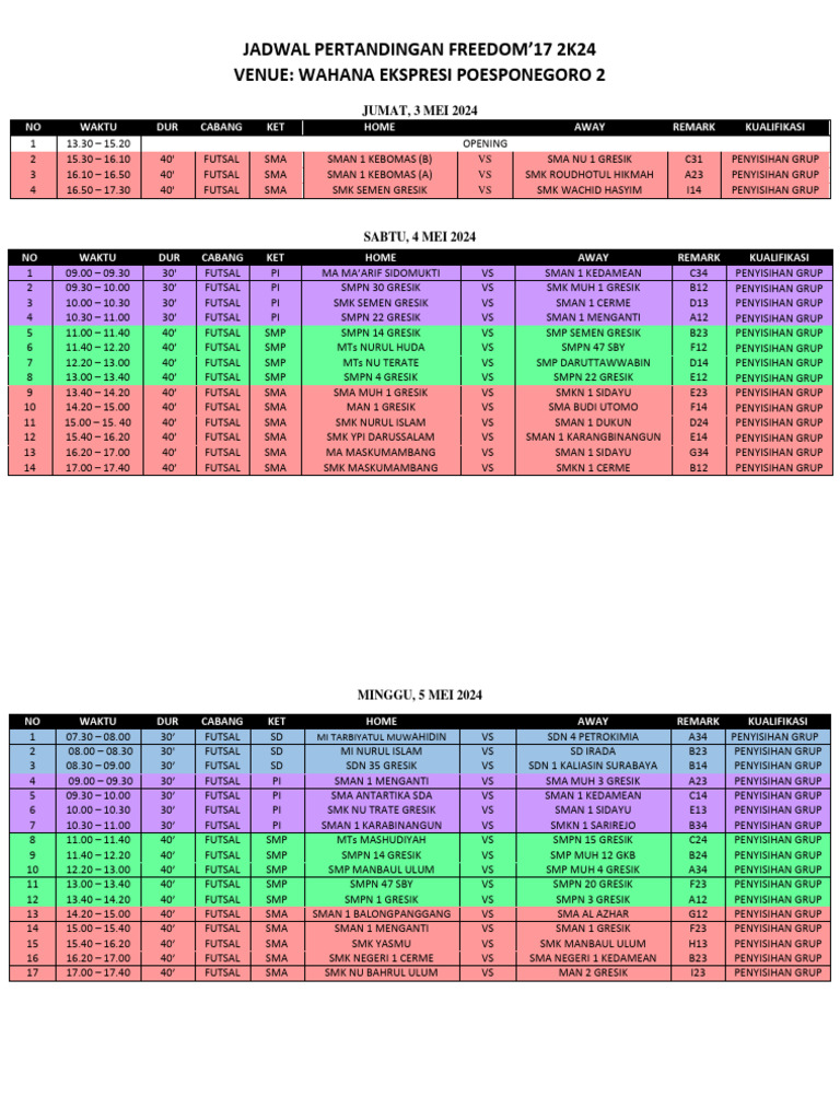 Jadwal Pertandingan Pekan Pertama Freedom'17 2k24-1 | PDF