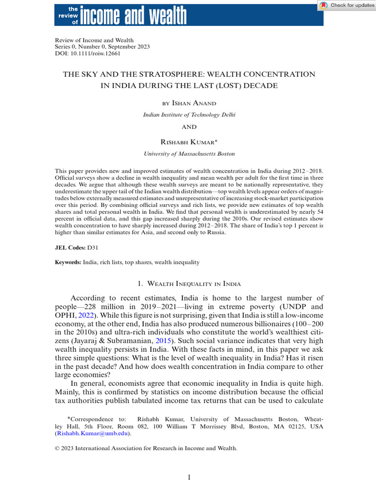 Review of Income and Wealth - 2023 - Anand - The Sky and The Stratosphere Wealth Concentration ...