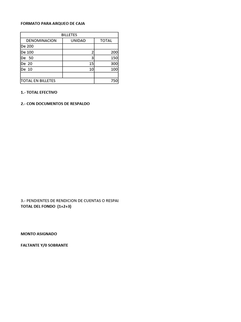 Formato Arqueo de Caja Chica | PDF | Moneda | Mercado de divisas