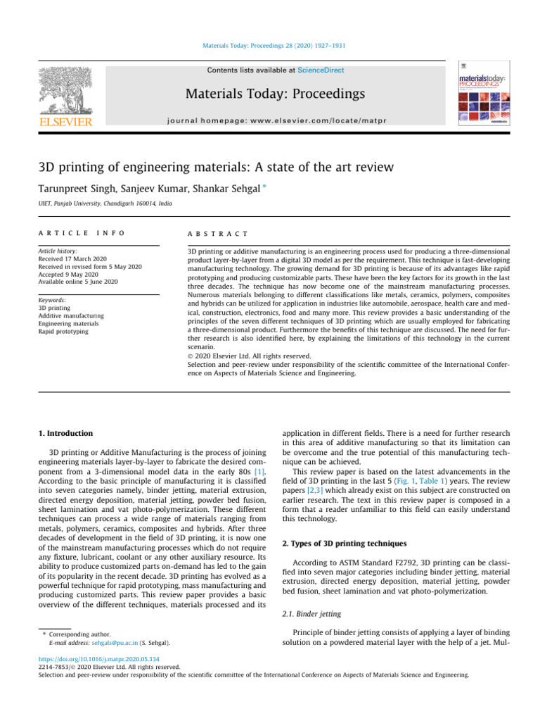 3D Printing of Engineering Materials - A State of The Art Review | Download Free PDF | 3 D ...