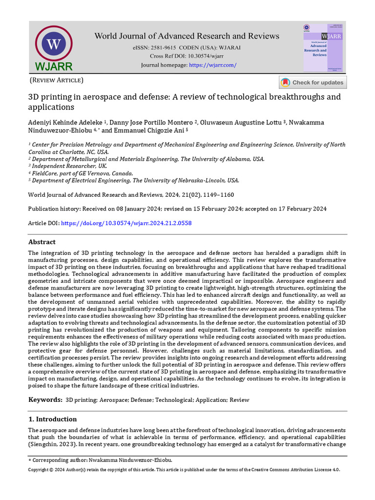 3D printing in Aerospace and Defense - A review of technological ...
