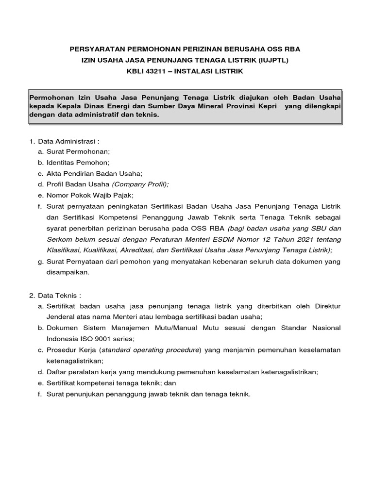Syarat Permohonan Izin Usaha Jasa Penunjang Tenaga Listrik pada Sistem OSS RBA (3) | PDF