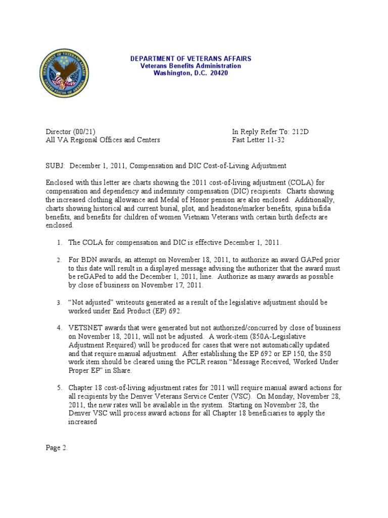 VA Fast Letter December 1, 2011, Compensation and DIC Cost of Living ...