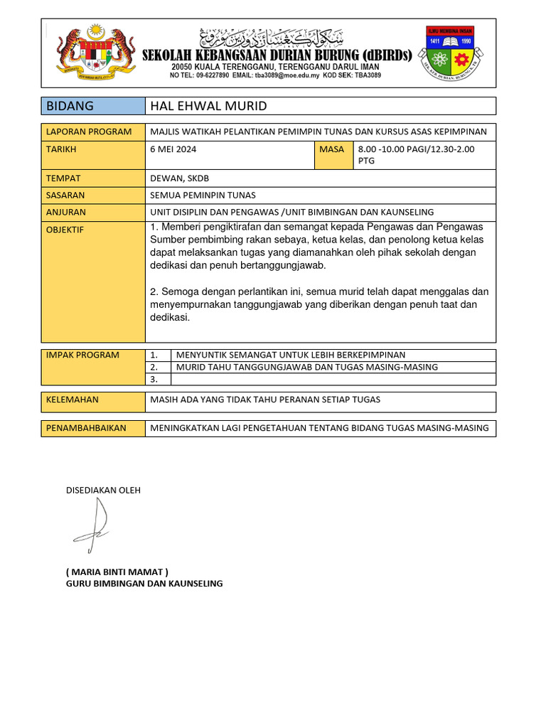 Laporan Watikah Dan Kursus Kepimpinan Pengawas | PDF