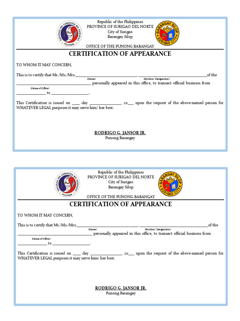 Certification of Appearance | PDF