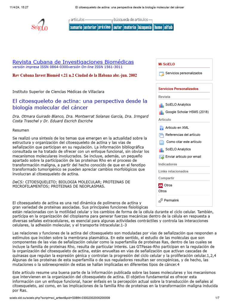Tema 22. El Citoesqueleto de Actina Una Perspectiva Desde La Biolog A Molecular Del C Ncer PDF ...