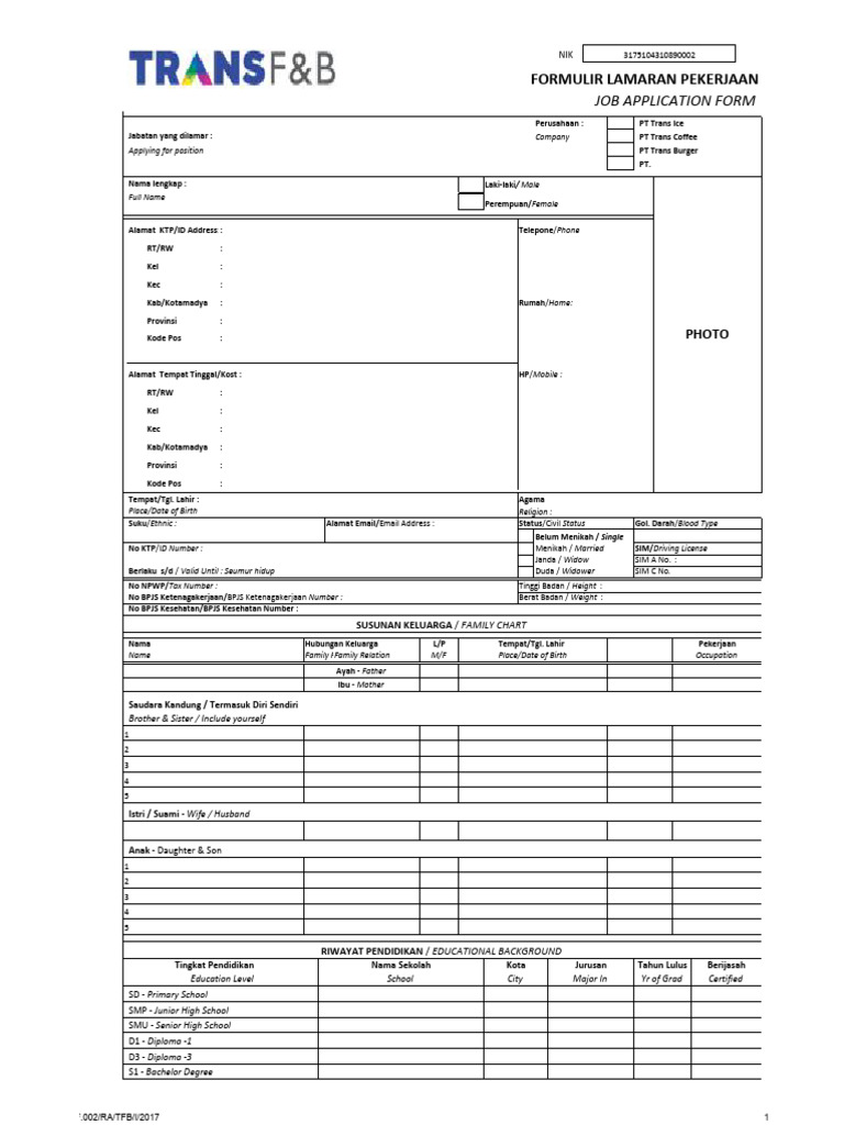 Form Lamaran F&B | PDF