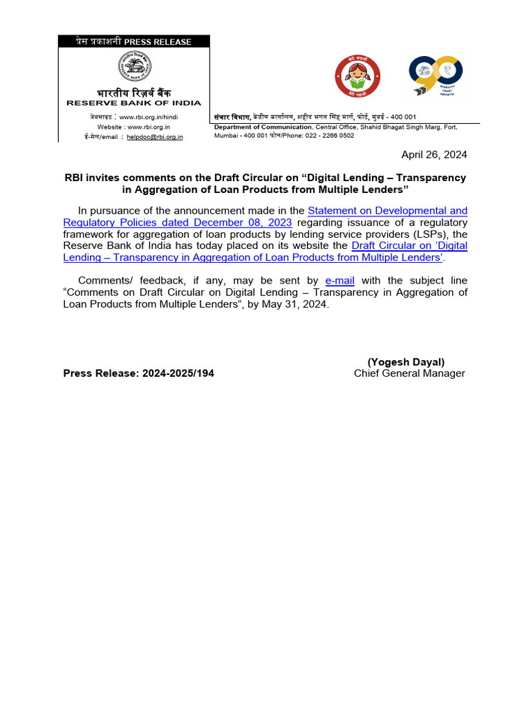 RBI Invites Comments On The Draft Circular On "Digital Lending ...