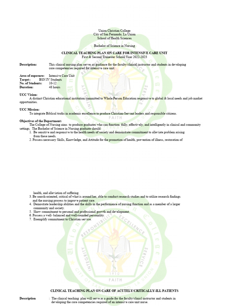 ICU Clinical Teaching Plan 1 | PDF | Nursing | Intensive Care Unit