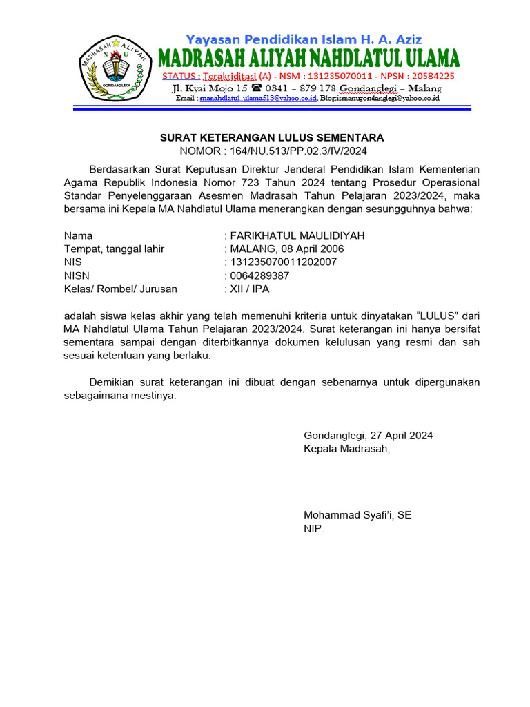 Contoh SKL Sementara Madrasah 2024 | PDF