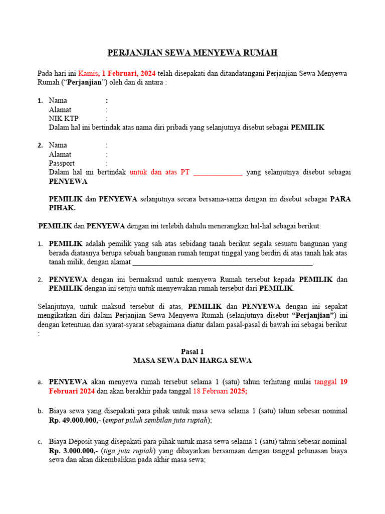 Perjanjian Sewa Menyewa Rumah Pdf