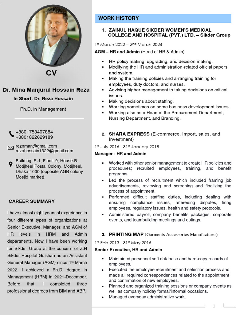 Cv. Dr. Reza - Hossain (PHD) | PDF | Human Resource Management | Business