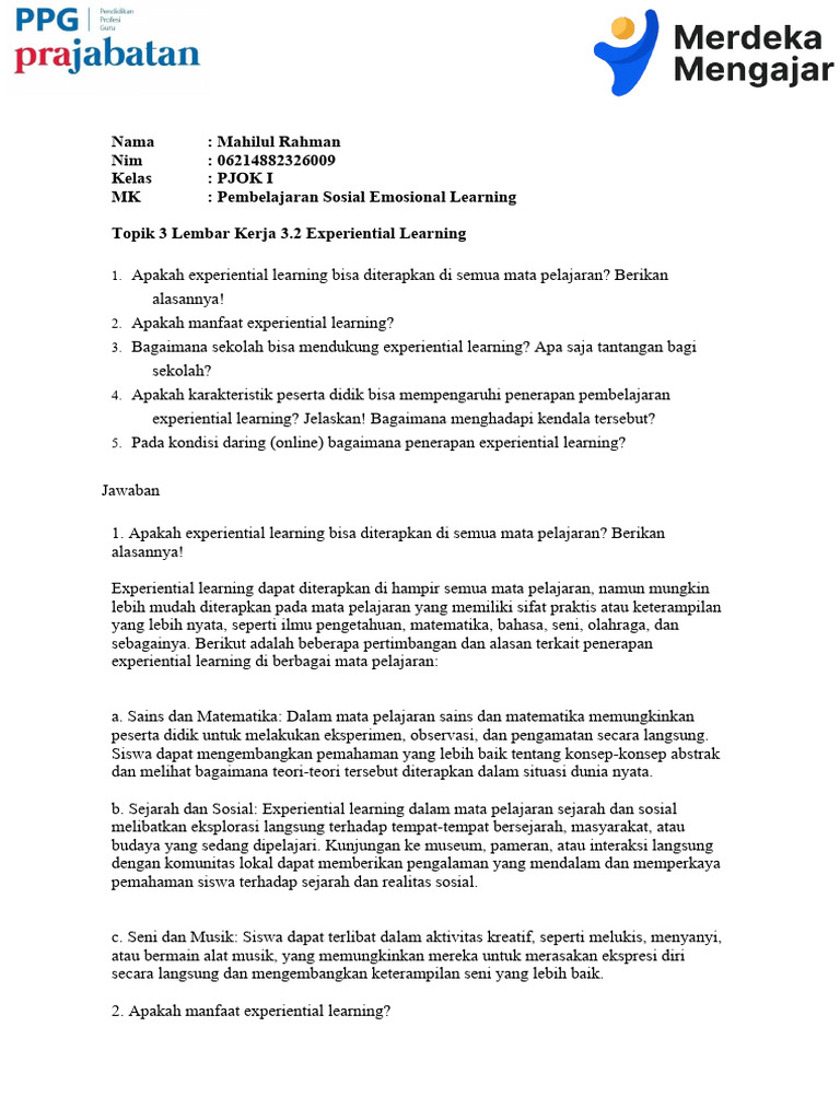 Topik 3 Lembar Kerja 3.2 Experiential Learning | PDF