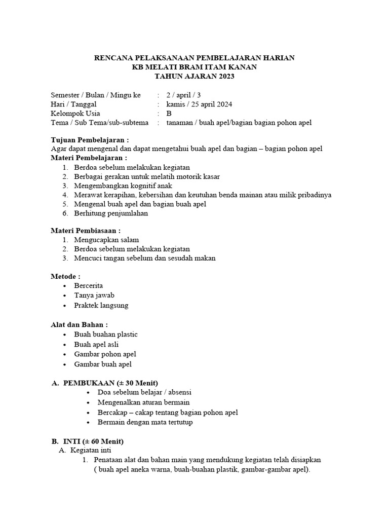 RPPH Kognitif PAUD: Tema Buah Apel | PDF