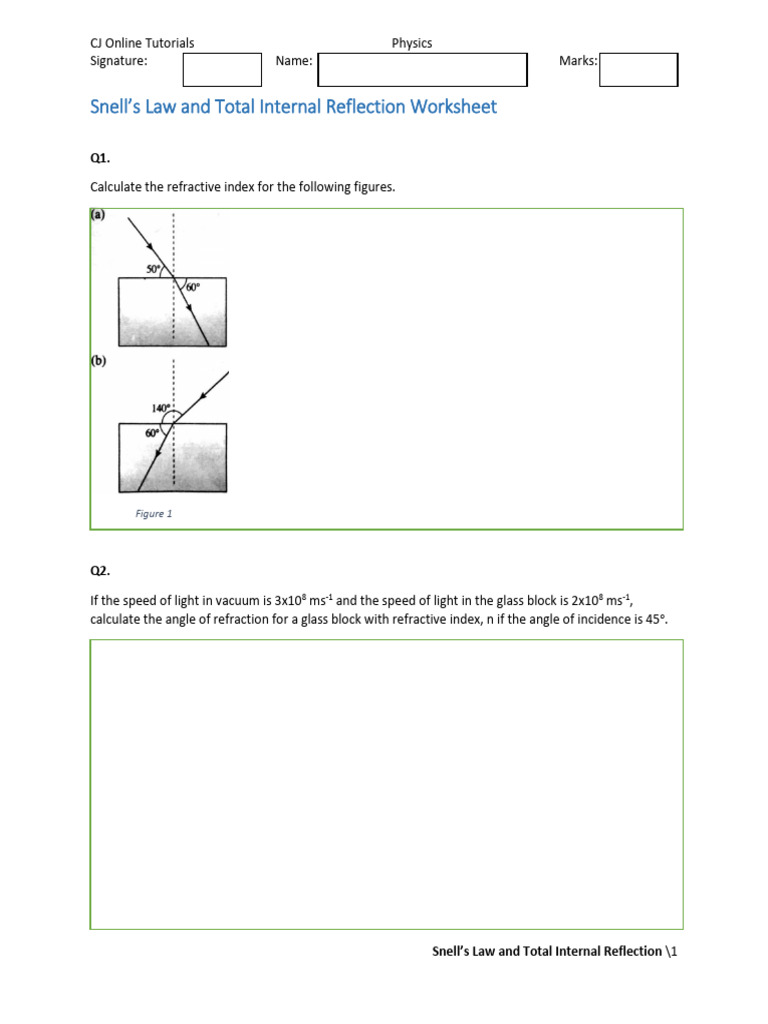 Snell's Law & Total Internal Reflection Worksheet | PDF | Refraction ...