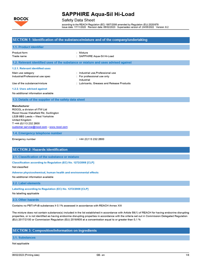 Sapphire Aqua-Sil Hi-Load - GB | PDF | Toxicity | Dangerous Goods