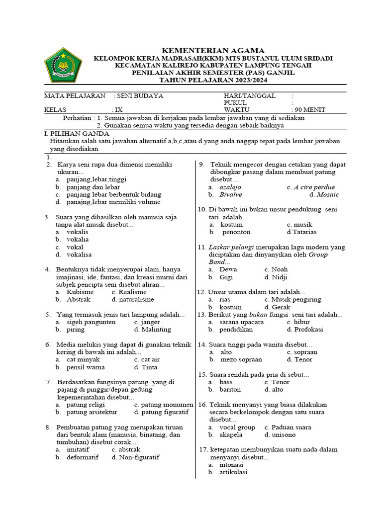 Soal PAS Seni Budaya Kelas IX | PDF