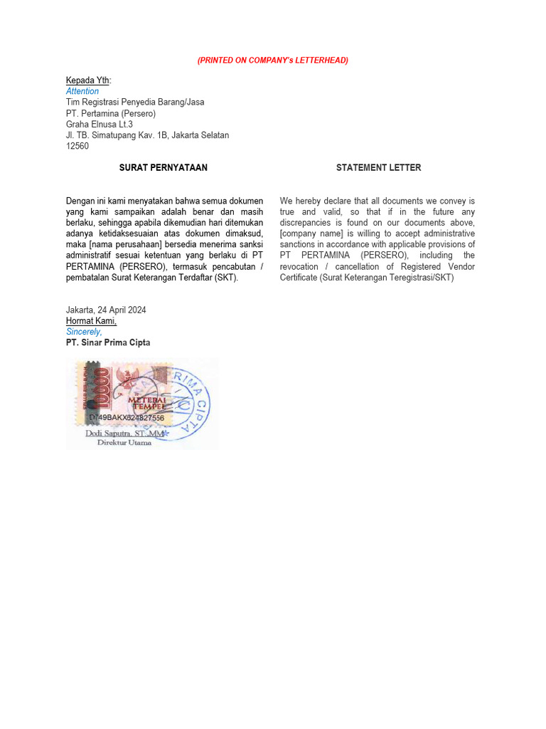Surat Pernyataan Dokumen Valid PT Pertamina | PDF
