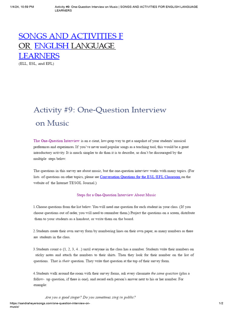 One-Question Music Interview Activity | PDF | English As A Second Or ...
