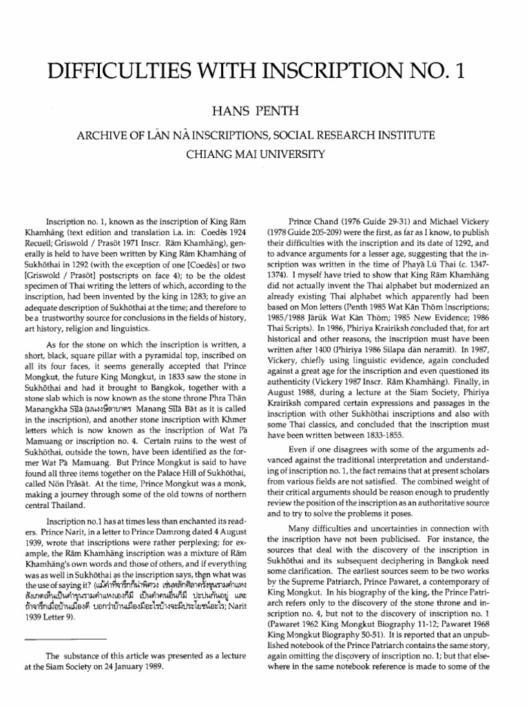 Challenges of King Ram Khamhang Inscription | PDF | Thailand