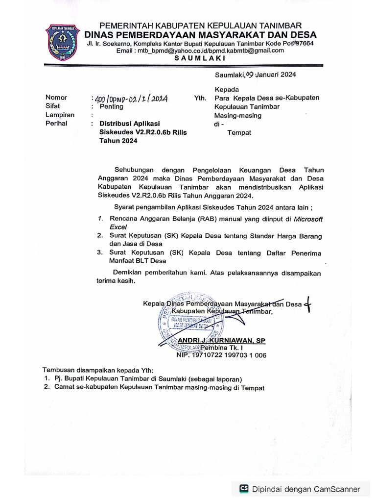 Surat Distribusi Ap. Siskeudes 2024 | PDF