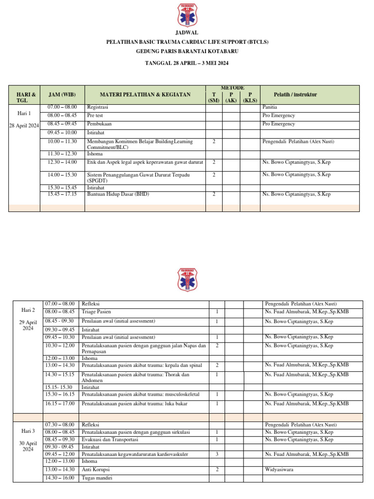 Jadwal Pelatihan BTCLS Kotabaru 2024 | PDF