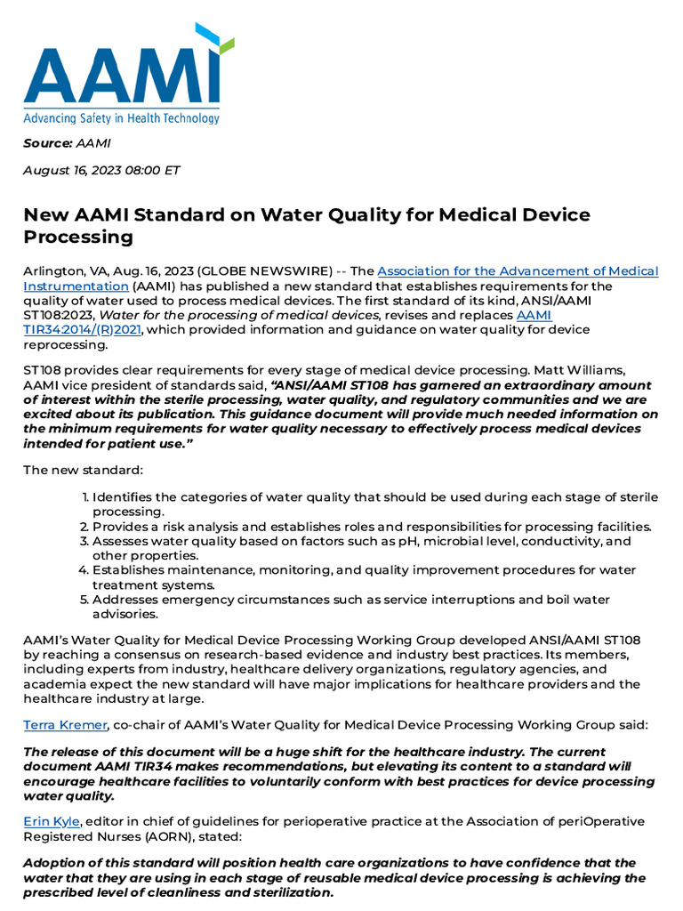 New Aami Standard On Water Quality For Medical | PDF | Medical Device | Health Care