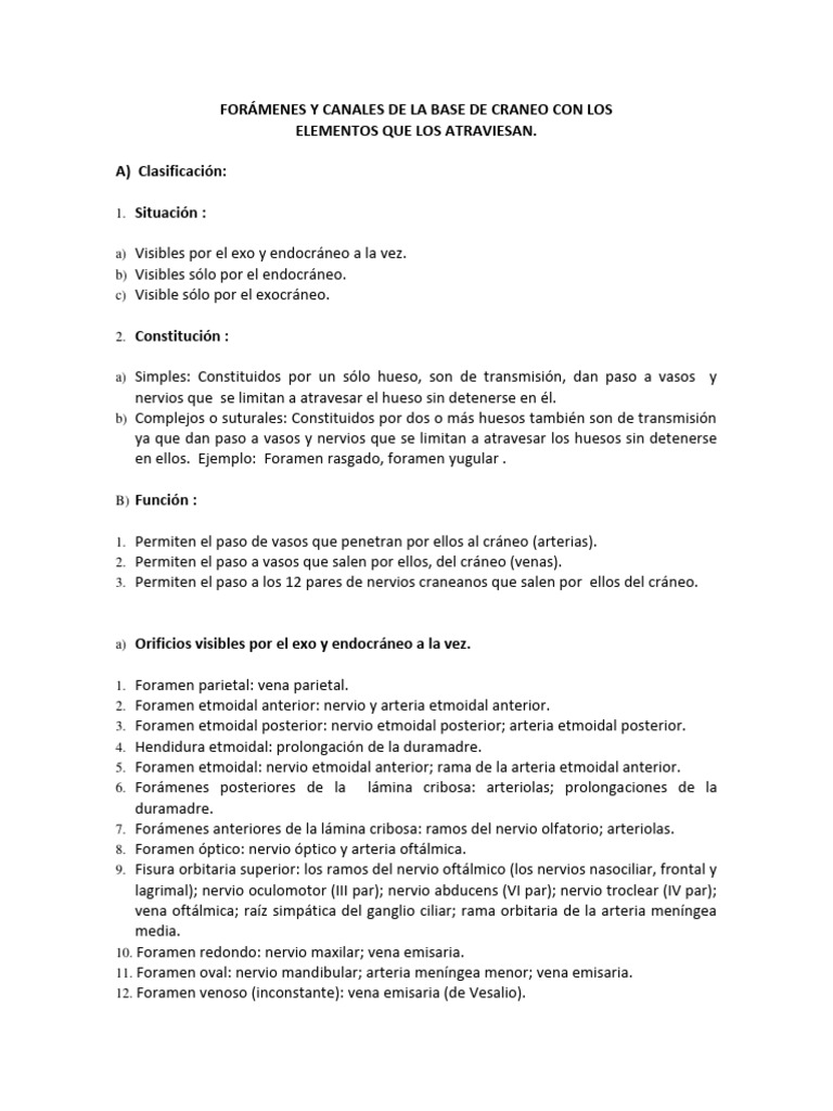 Foramenes y Canales de Cara y Craneo | PDF | Anatomía humana | Cabeza y ...