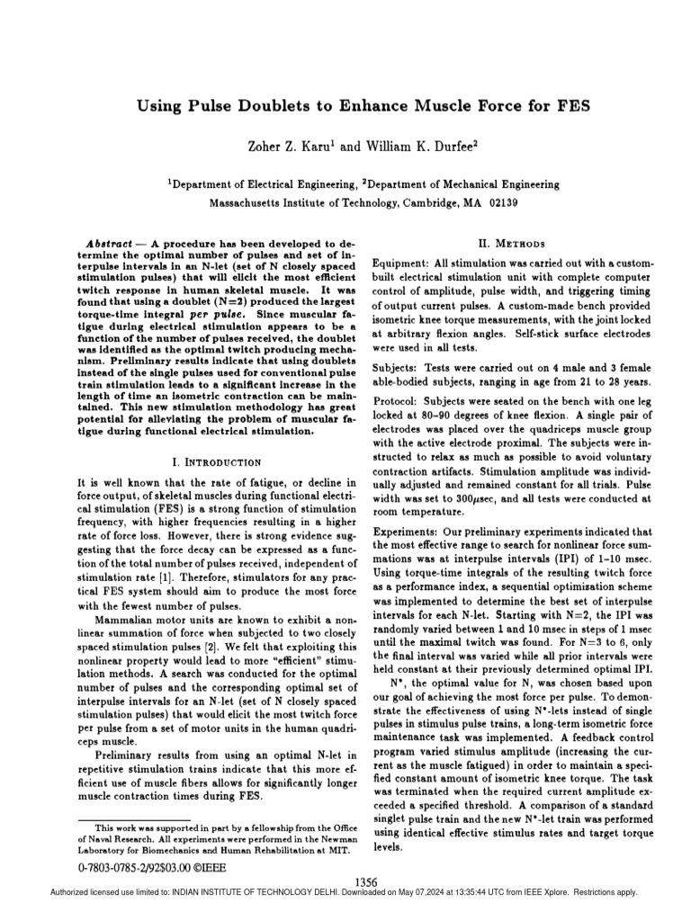 Using Pulse Doublets To Enhance Muscle Force For FES | PDF | Skeletal ...