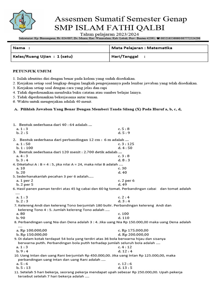 Soal Matematika Kelas Vii SMP | PDF