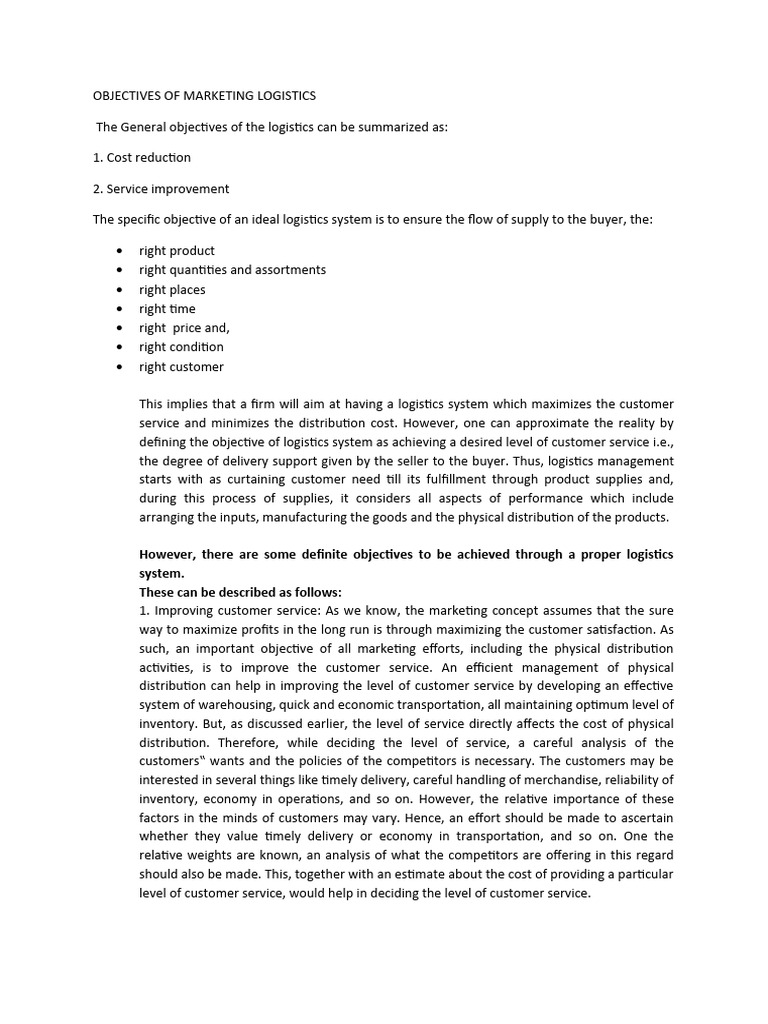 Objectives of Marketing Logistics | PDF | Logistics | Marketing