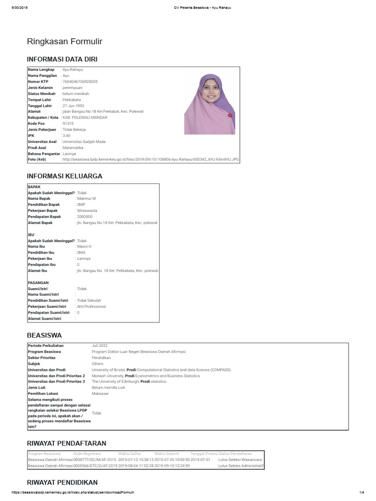 CV Peserta Beasiswa - Ayu Rahayu | PDF