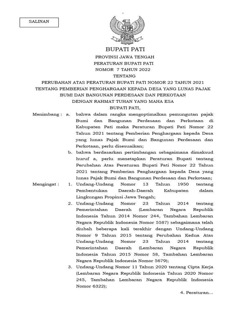2 Perbup Nomor 7 Tahun 2022 Tentang Perubahan Lunas PBB Desa 2022 | PDF | Pengelolaan Keuangan ...