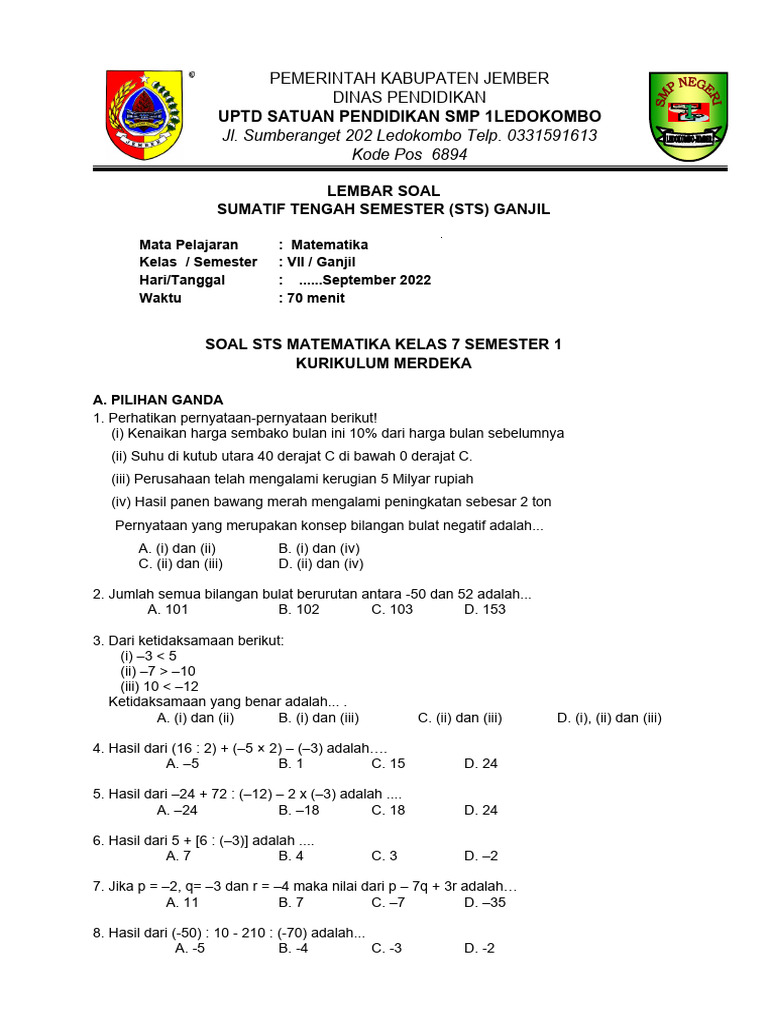 Soal PTS Matematika Kelas 7 Semester 1 Kurikulum Merdeka | PDF