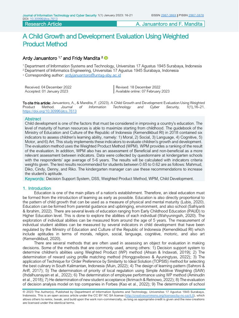 A Child Growth and Development Evaluation Using Weighted Product Method | Download Free PDF ...