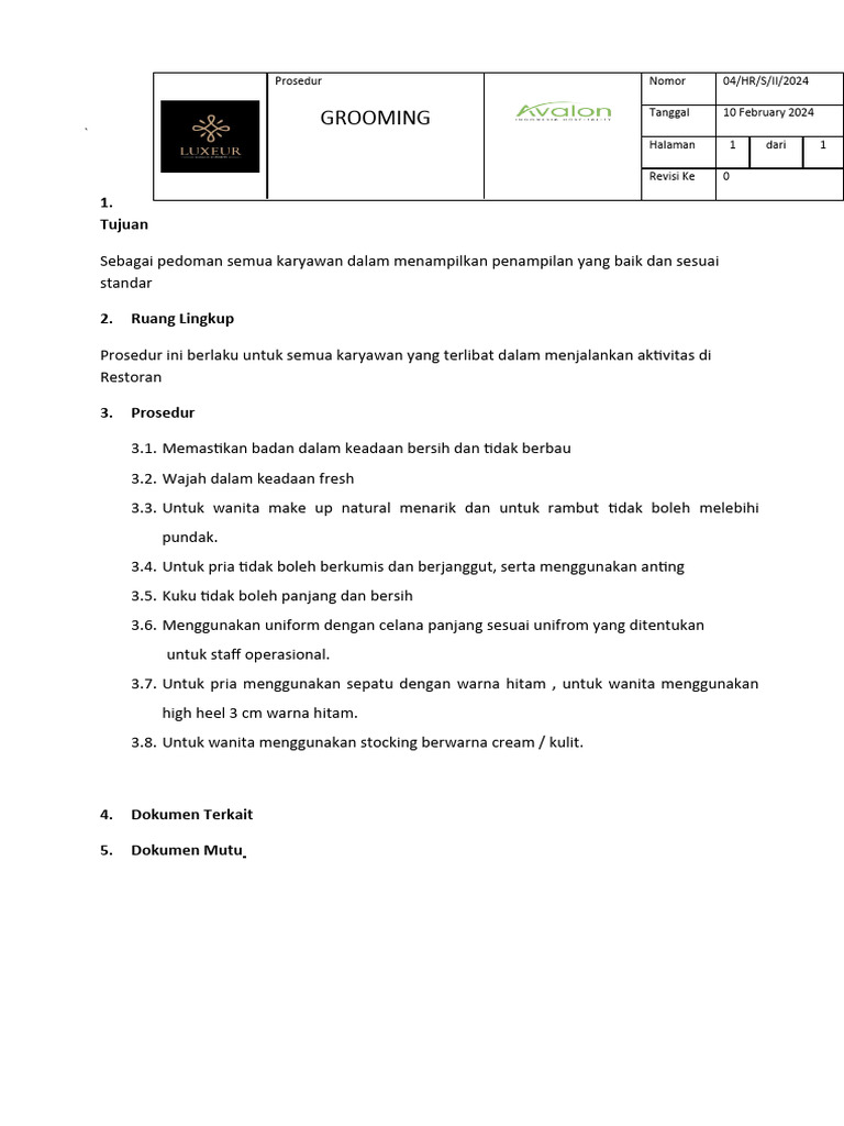 01.sop Grooming | PDF | Karier & Perkembangan | Teknologi & Rekayasa