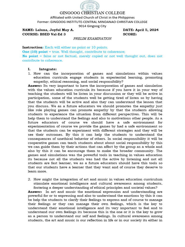 Prelim Exam | PDF | Critical Thinking | Learning