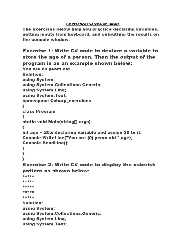 C# Practice Exercise On Basics (Variables) | PDF