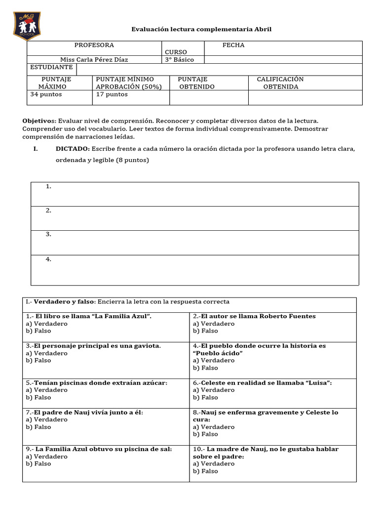 Prueba Libro La Familia Azul | PDF