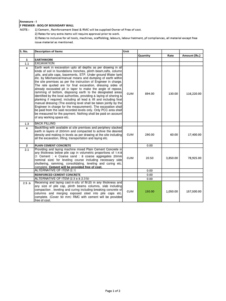 BOQ and Rate For Boundary Wall | PDF | Concrete | Deep Foundation