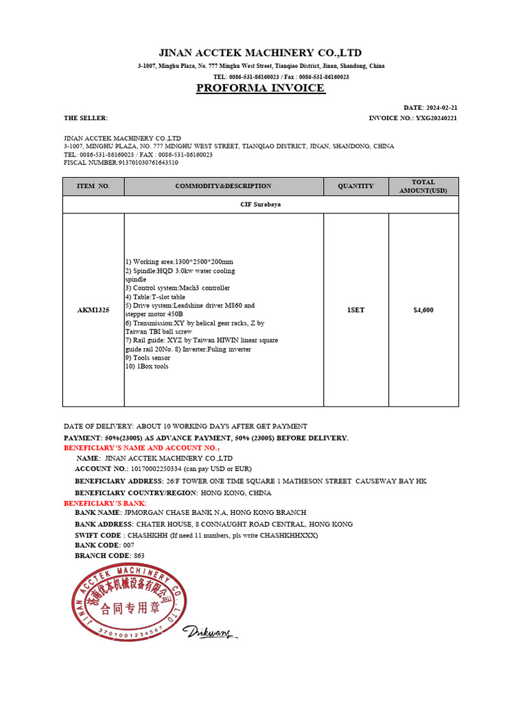 Proforma Invoice+AKM1325 CNC ROUTER+ACCTEK. | PDF | Business