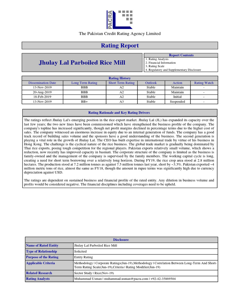 Pacra Report On JL Rice (2019) | PDF | Credit Rating | Working Capital