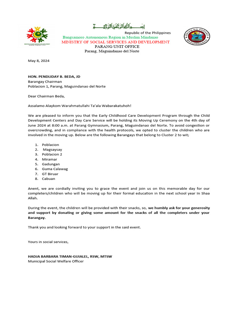 Moving Up Letter To Barangay | PDF | Mindanao | Philippines