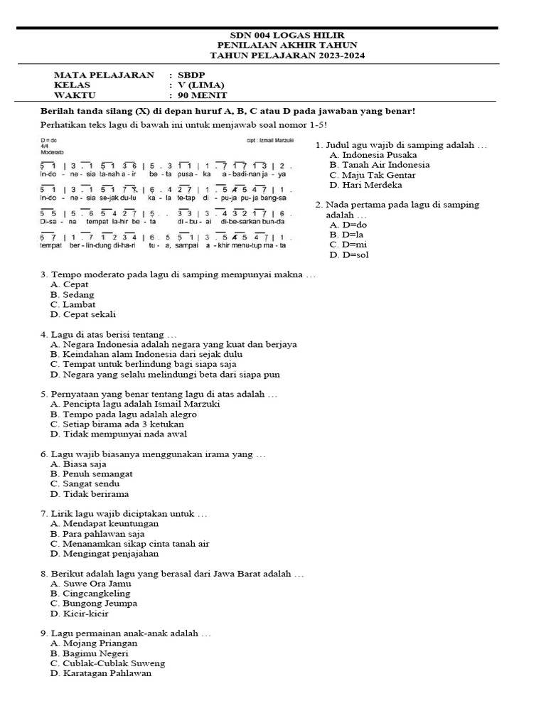 Penilaian Akhir SBDP Kelas V 2023-2024 | PDF | Seni